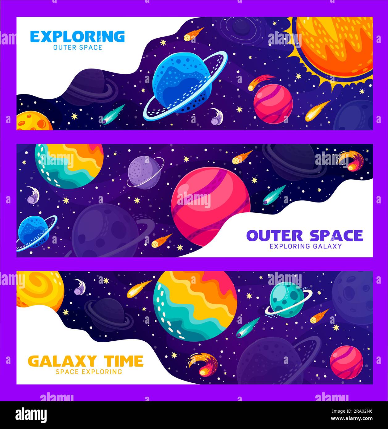 Space travel and explore banners. Starry galaxy, planets and stars ...