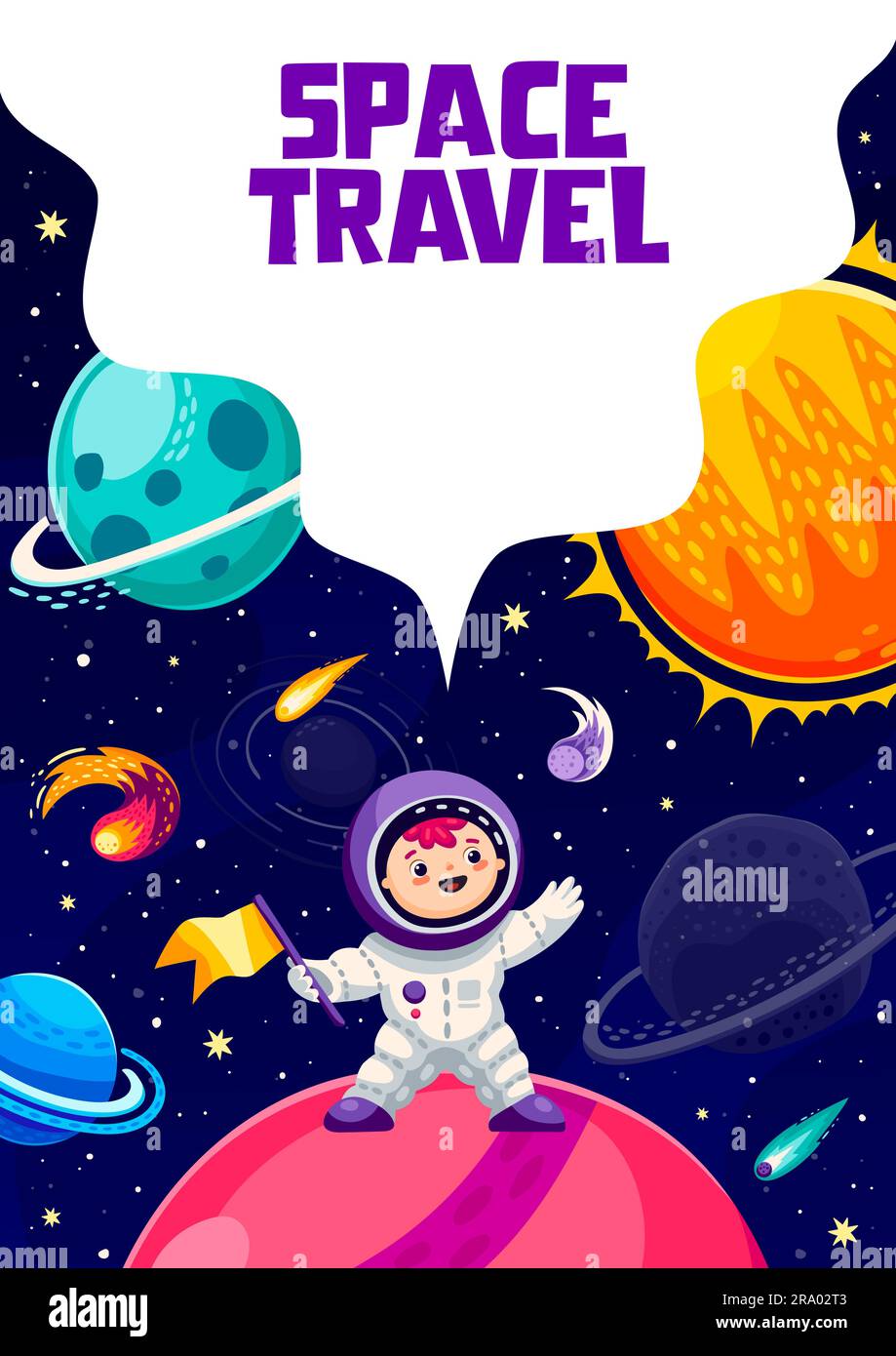 Cartoon space travel poster. Cartoon kid astronaut on space planet in ...
