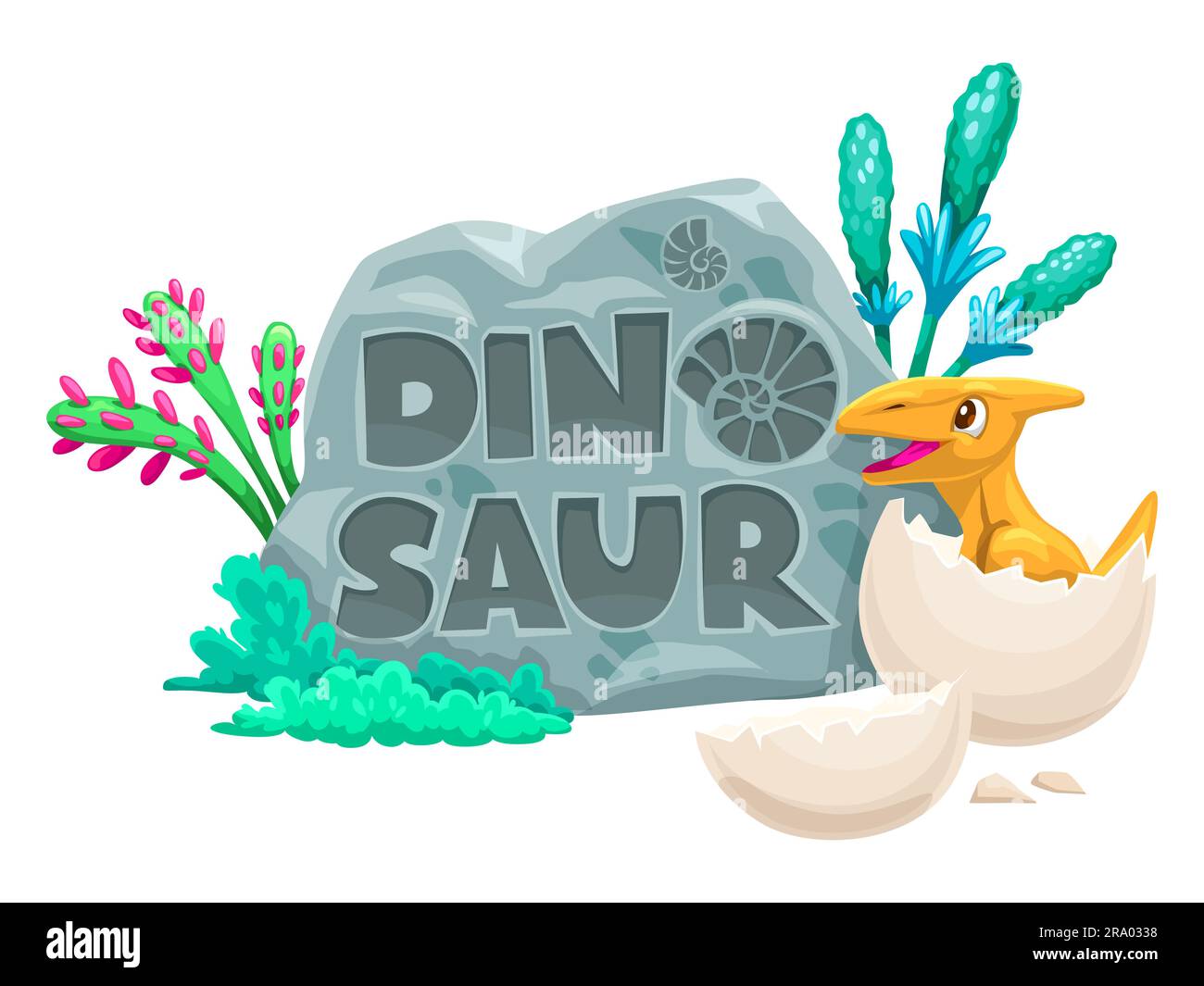 Cartoon dino character with egg. Funny hatched baby pterodactyl ...