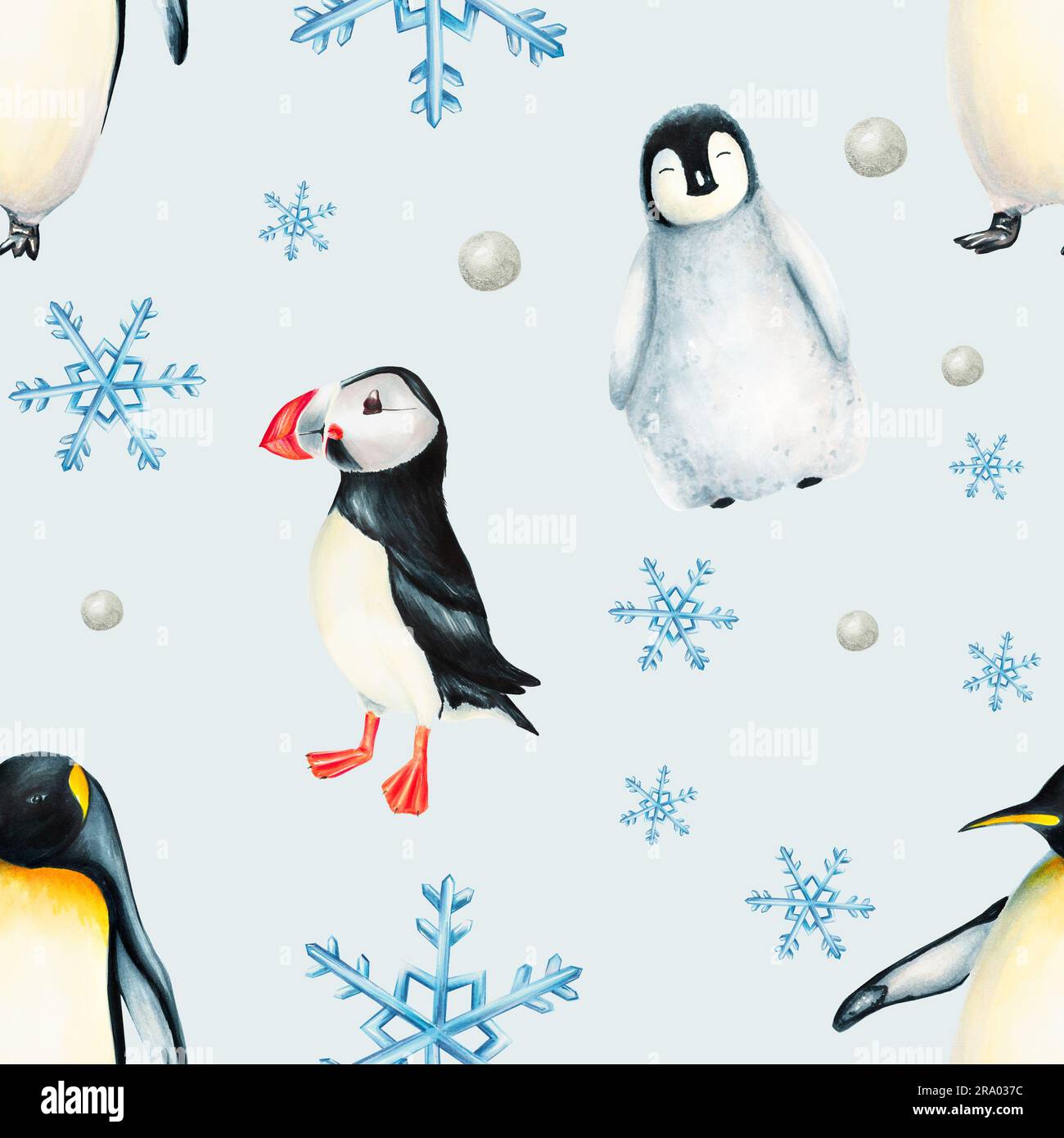 Watercolor winter seamless pattern with king penguins under snowflakes ...