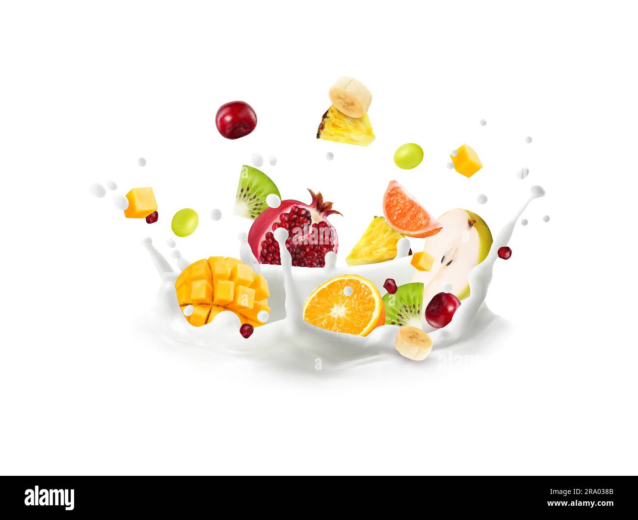 Realistic milk drink corona splash and fruits. Isolated vector ...
