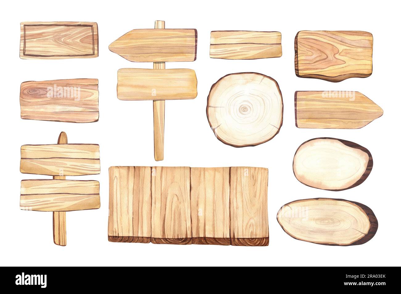 Watercolor set the wooden pointer street signs guidepost. Textured wood ...