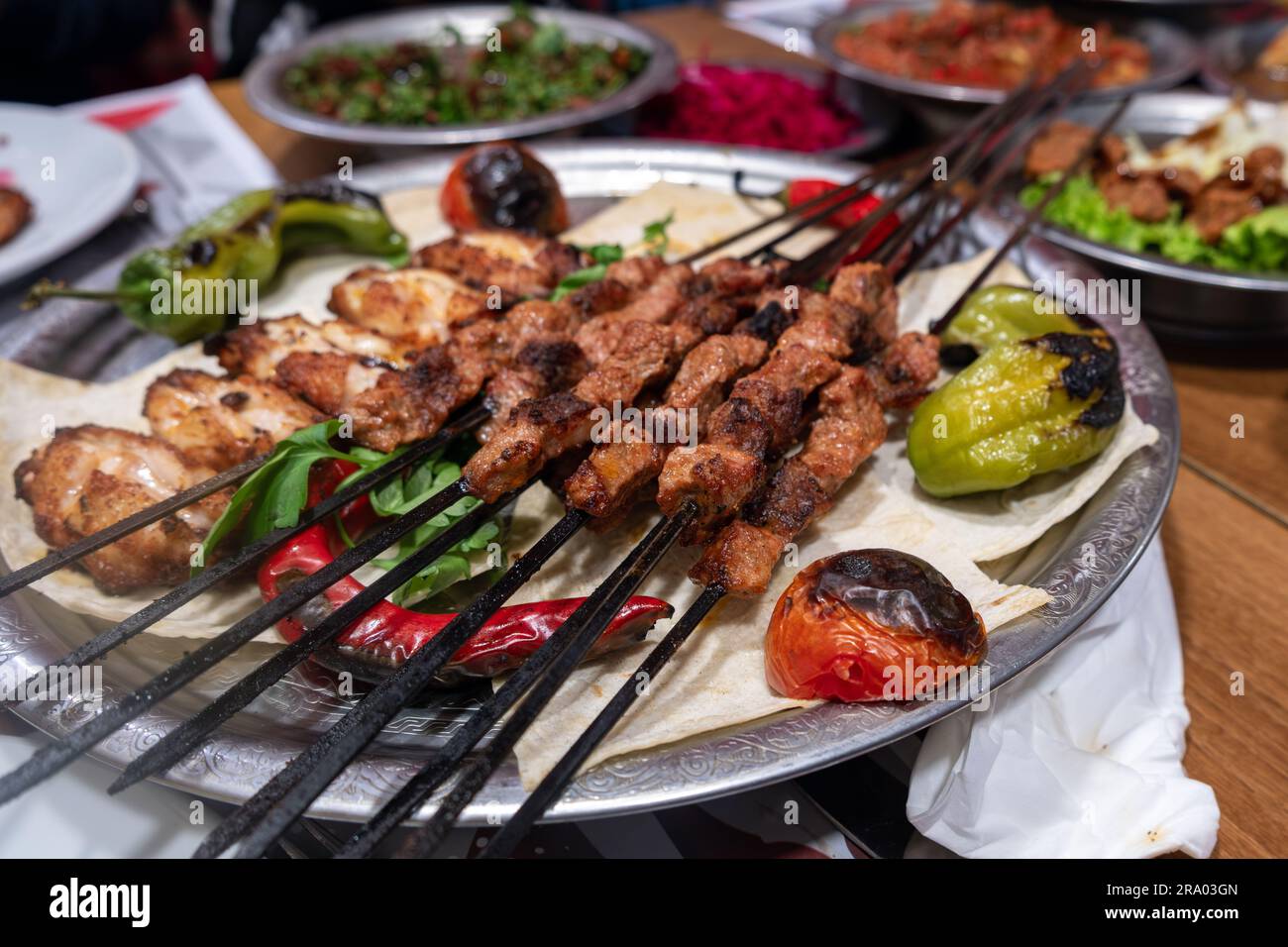 Delicious meat kebab with fresh vegetable salad served with variety of ...