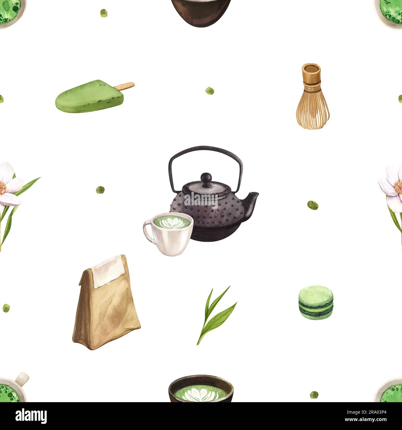 Watercolor seamless pattern matcha tea and coffee elements. Hand-drawn ...