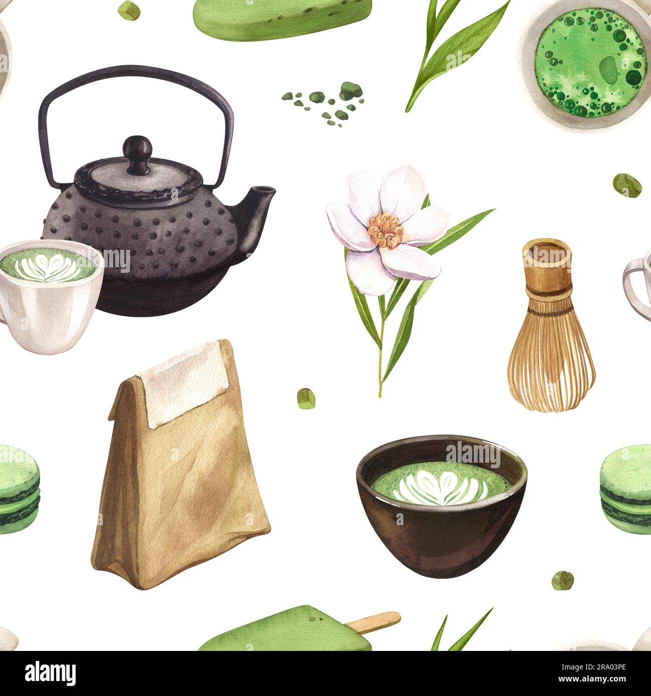 Watercolor seamless pattern matcha tea and coffee elements. Hand-drawn ...
