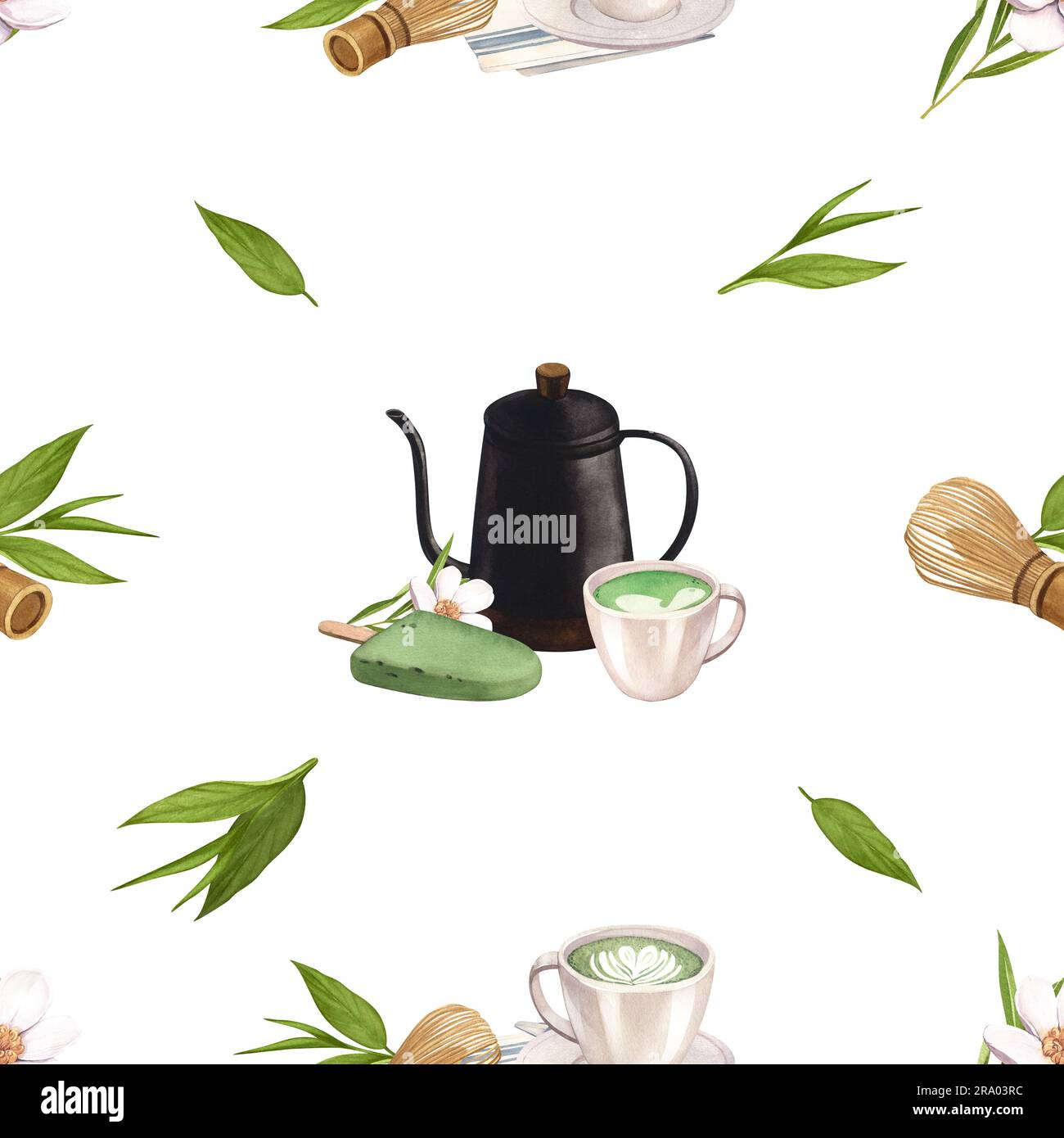 Watercolor seamless pattern matcha tea and coffee elements. Hand-drawn ...