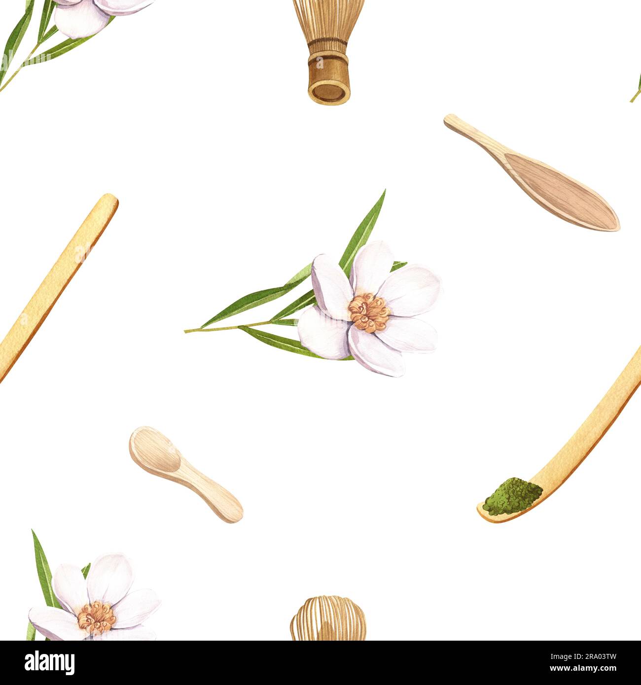 Watercolor seamless pattern matcha tea and utensils for japanese tea ...