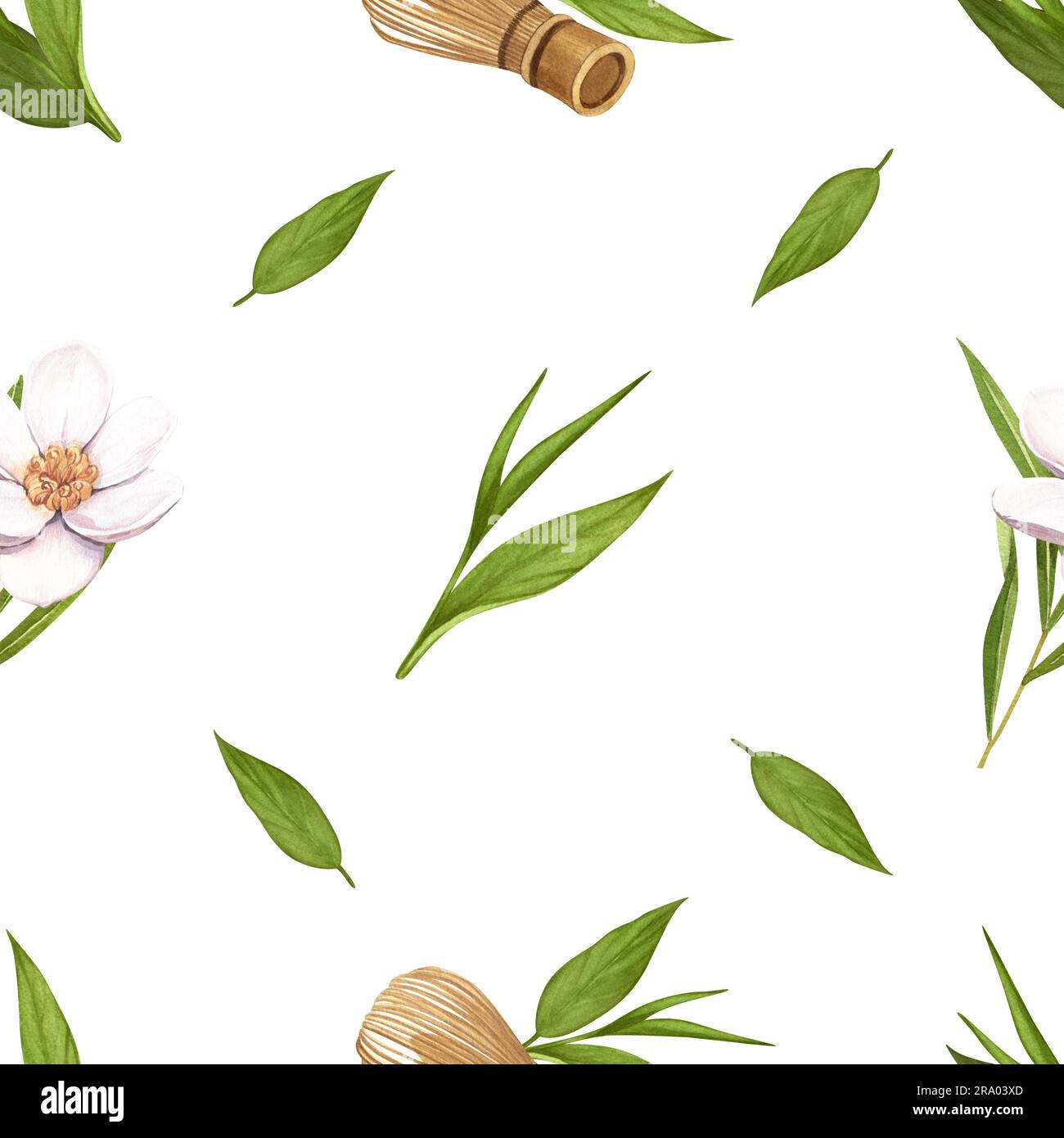 Watercolor seamless pattern matcha tea and utensils for japanese tea ...