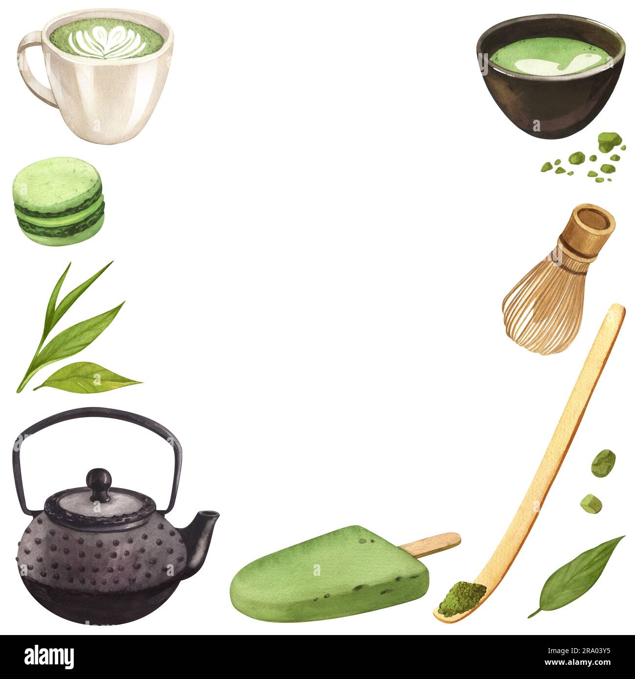 Watercolor frame with green tea matcha. Japanese tea ceremony hand ...