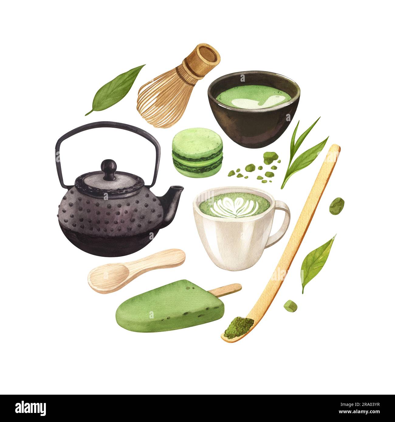 Watercolor frame with green tea matcha. Japanese tea ceremony hand ...
