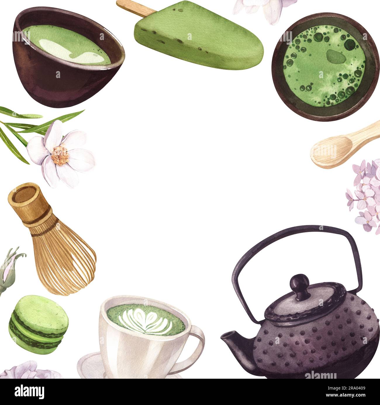 Watercolor frame with green tea matcha. Japanese tea ceremony hand ...