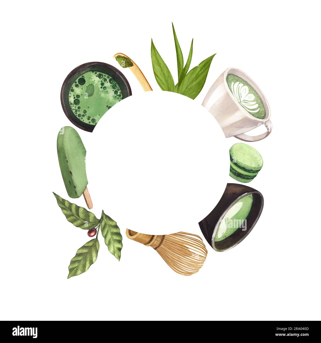 Watercolor circle frame with green tea matcha.Japanese tea ceremony ...