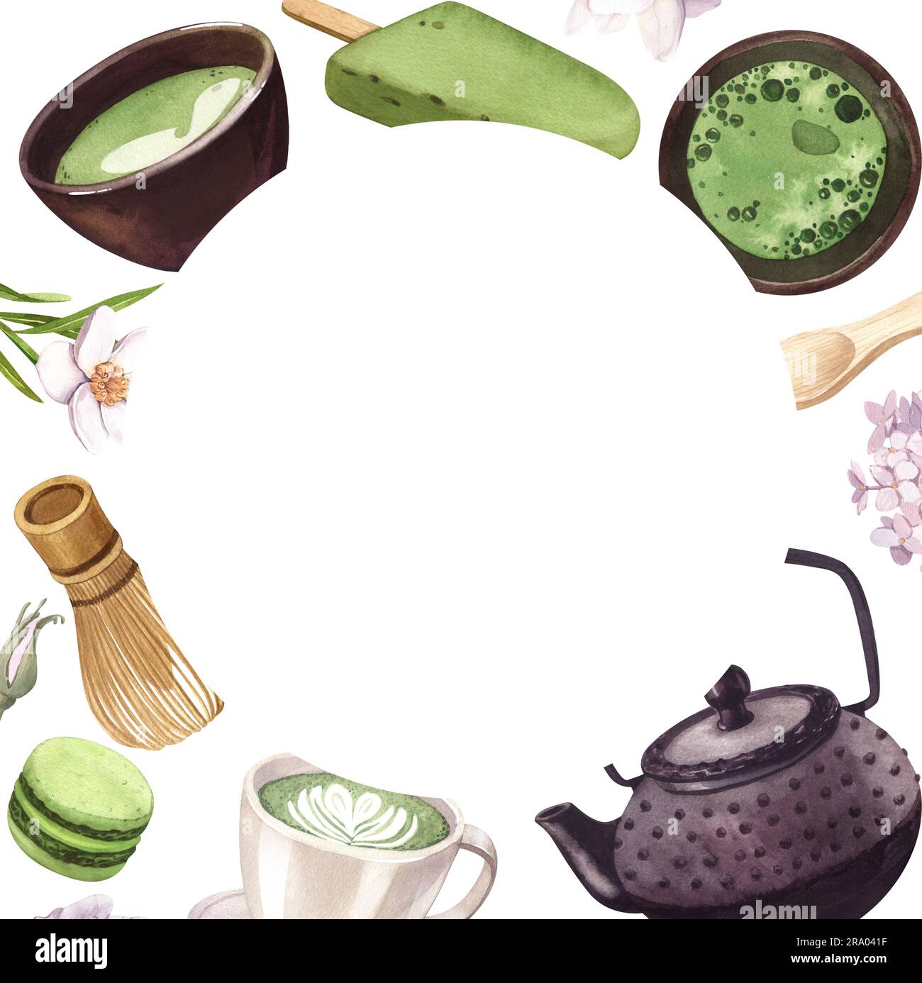 Watercolor frame with green tea matcha. Japanese tea ceremony hand ...