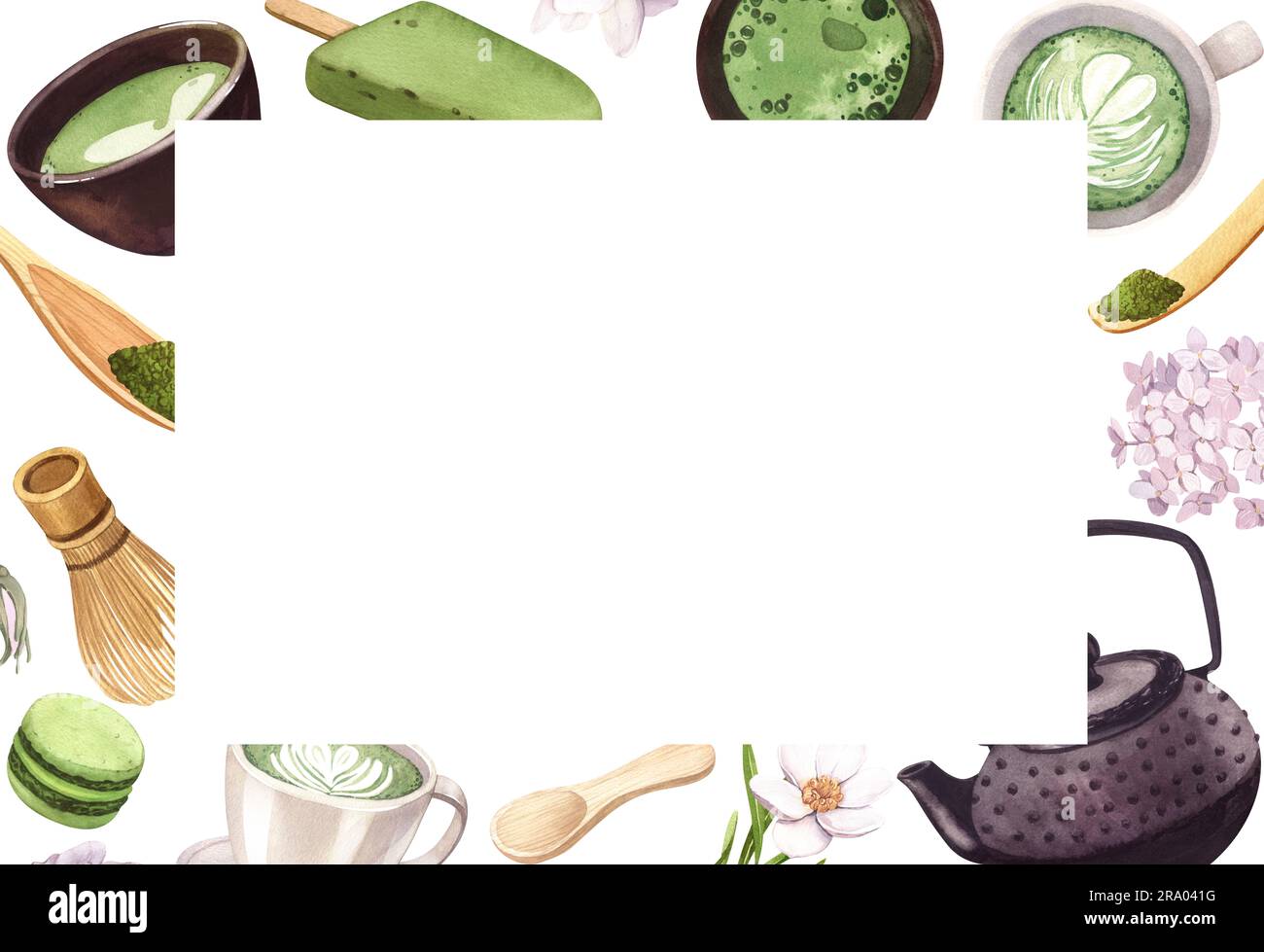 Watercolor frame with green tea matcha. Japanese tea ceremony hand ...