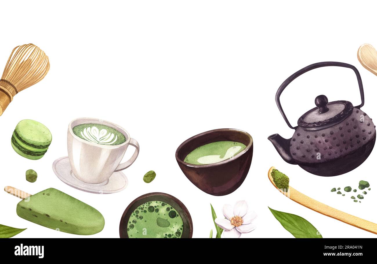 Watercolor frame with green tea matcha. Japanese tea ceremony hand ...