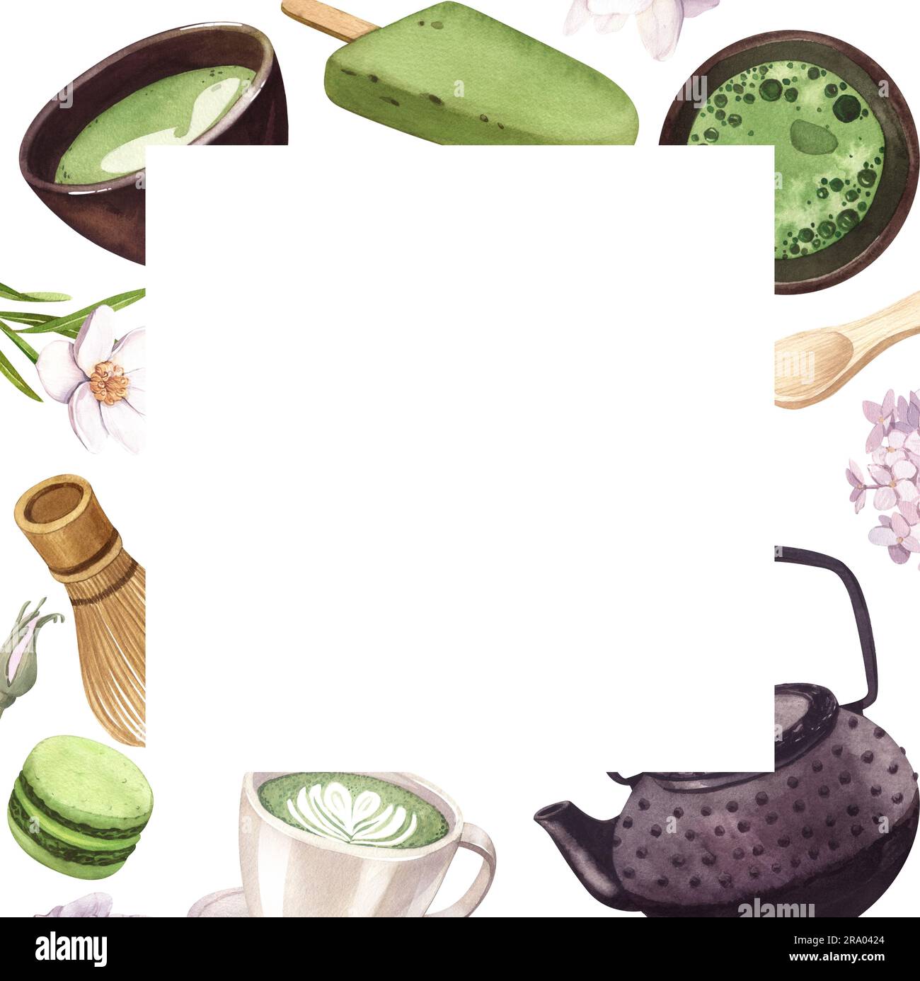 Watercolor frame with green tea matcha. Japanese tea ceremony hand ...