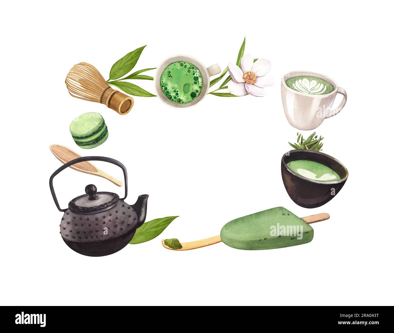 Watercolor frame with green tea matcha. Japanese tea ceremony hand ...