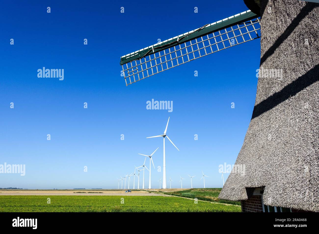 Green, renewable power: old windmills and newer wind turbines, in the ...