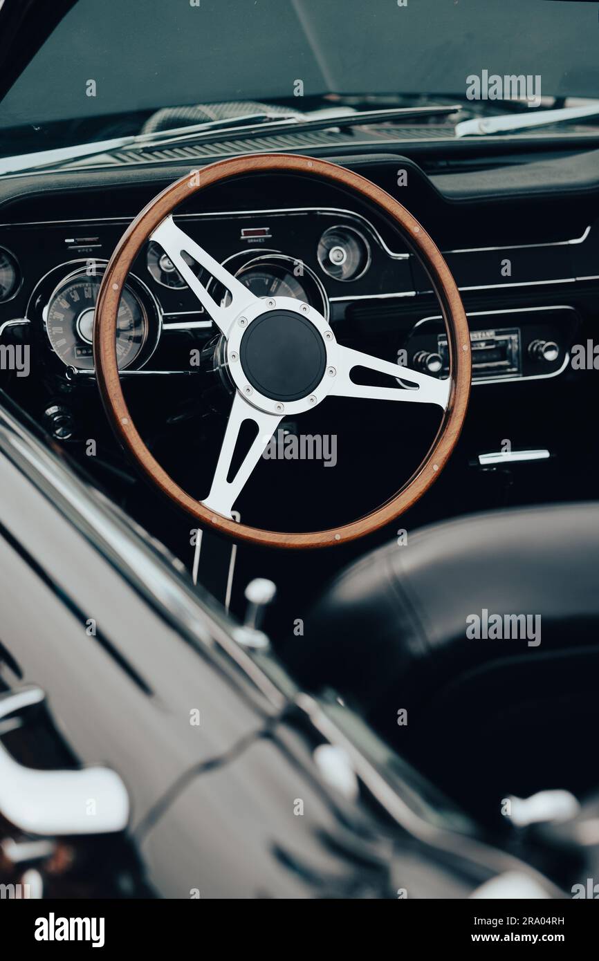 Steering wheel, American muscle car interior, dashboard vintage vehicle ...