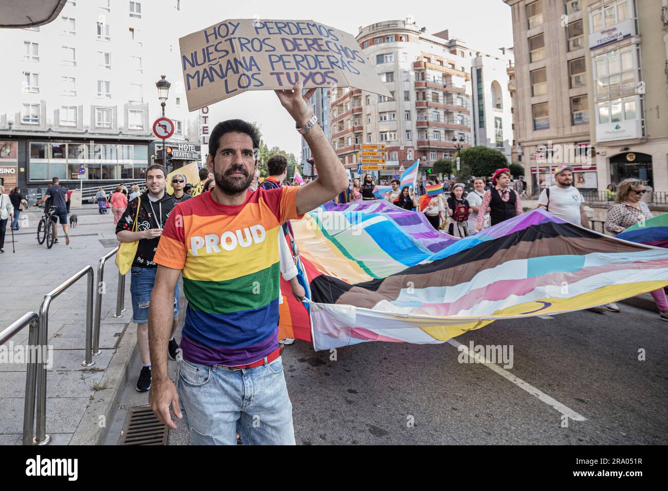 Burgos, Spain. 28th June, 2023. A protester holds a placard during the ...