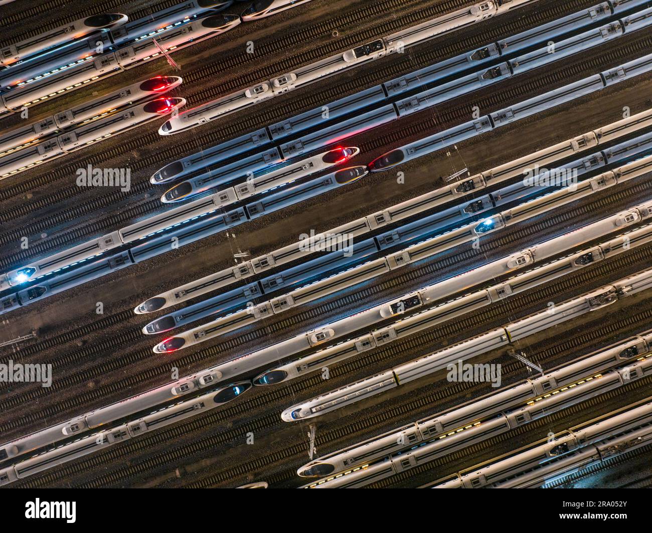 NANJING, CHINA - JUNE 30, 2023 - Aerial photo shows bullet trains on ...