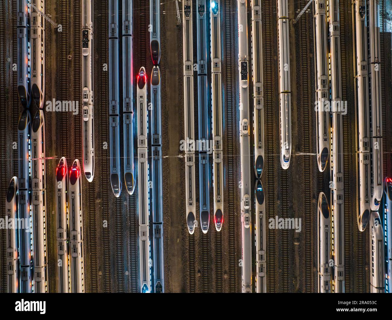 NANJING, CHINA - JUNE 30, 2023 - Aerial photo shows bullet trains on ...