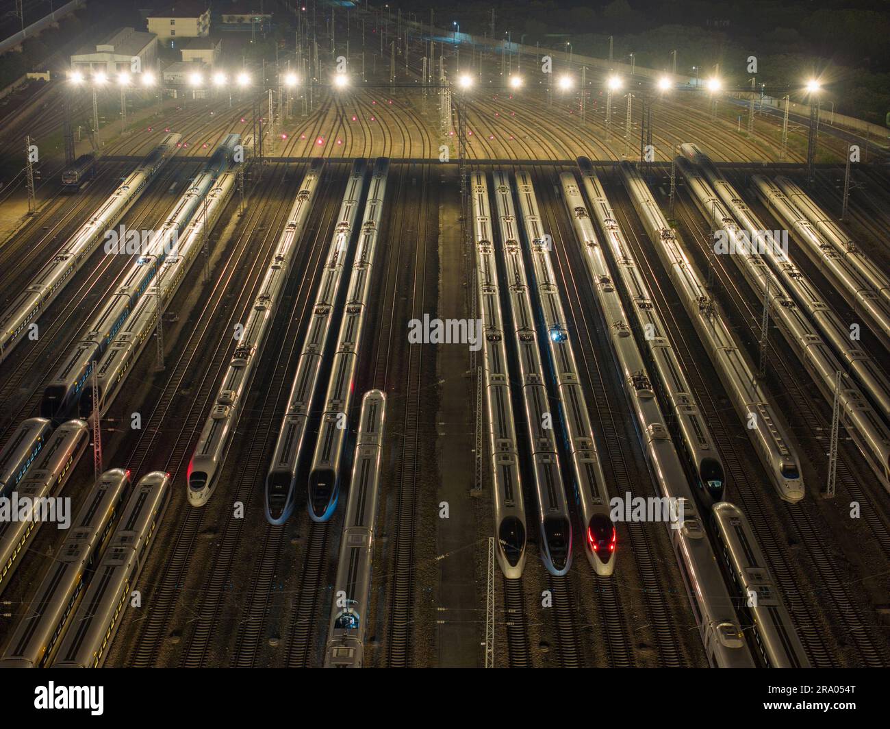 NANJING, CHINA - JUNE 30, 2023 - Aerial photo shows bullet trains on ...