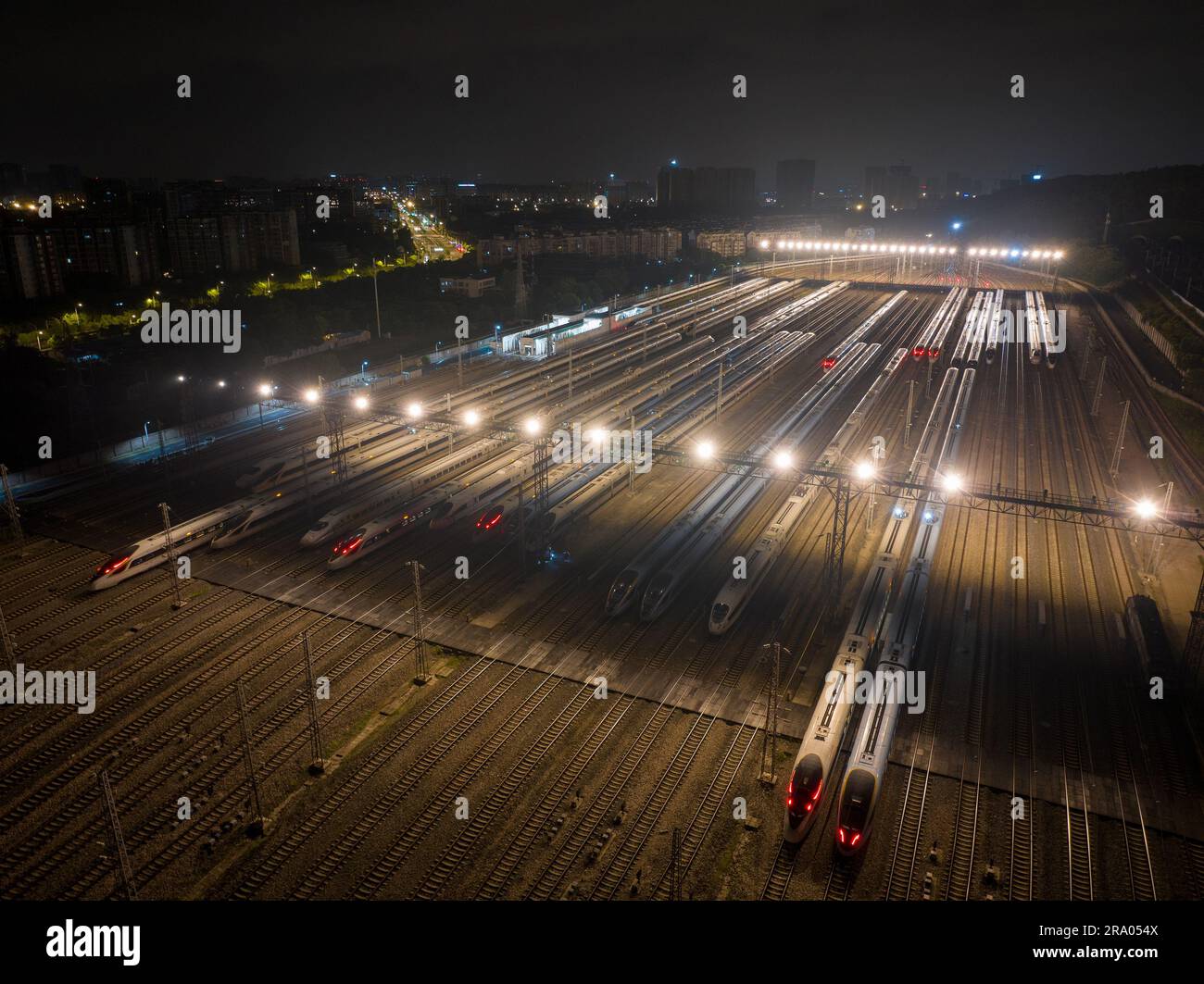 NANJING, CHINA - JUNE 30, 2023 - Aerial photo shows bullet trains on ...