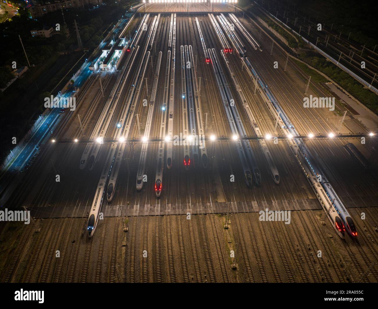 NANJING, CHINA - JUNE 30, 2023 - Aerial photo shows bullet trains on ...