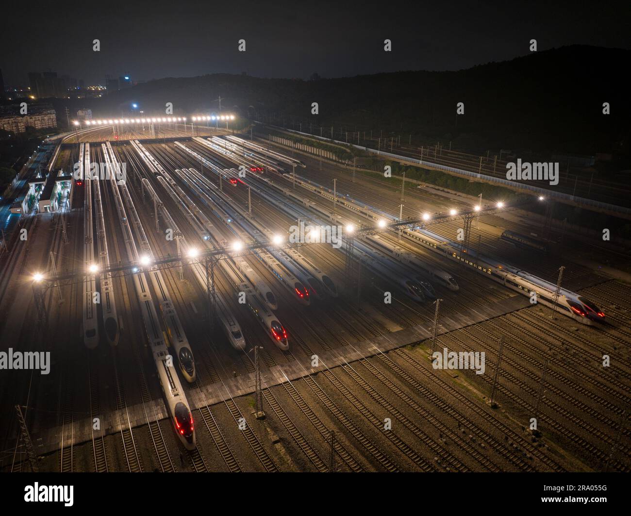 NANJING, CHINA - JUNE 30, 2023 - Aerial photo shows bullet trains on ...