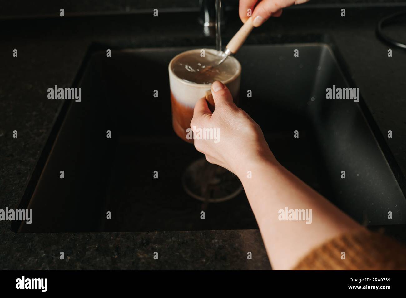 Mugs cleaning with a brush.Eco housekeeping and dishwashing.Zero waste ...
