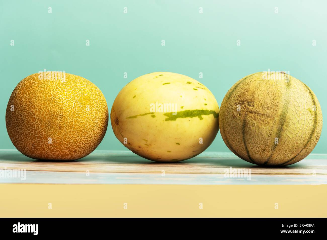 A row of ripe melons of different varieties on multi-colored plank ...