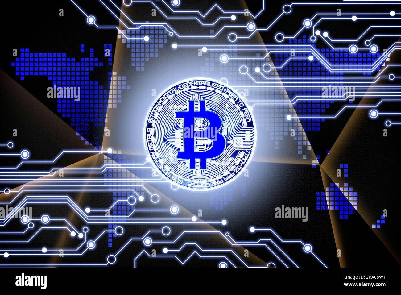 Cryptocurrency. Scheme with bitcoin against digital world map Stock ...
