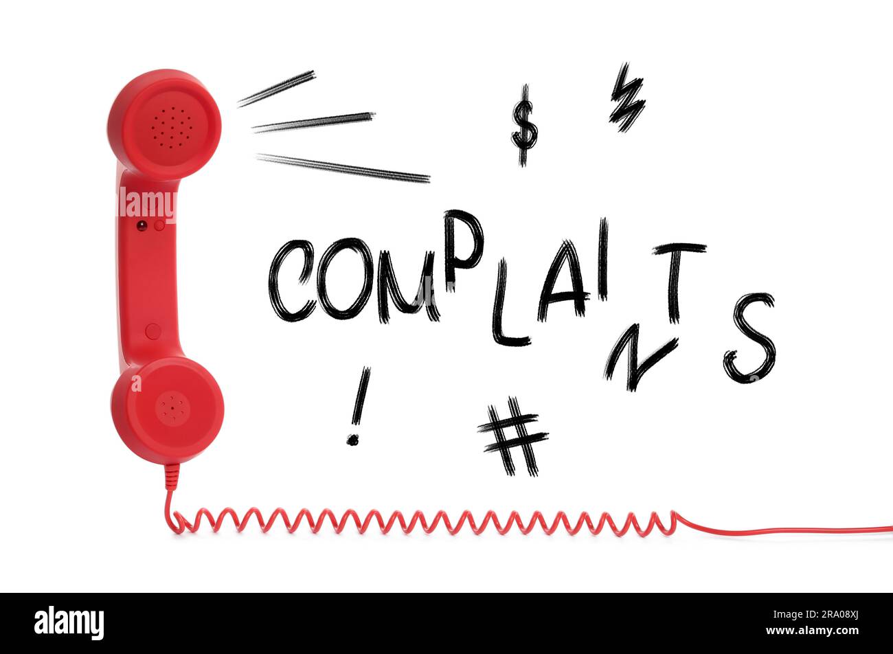 Red corded telephone handset, word Complaints and illustrations on ...