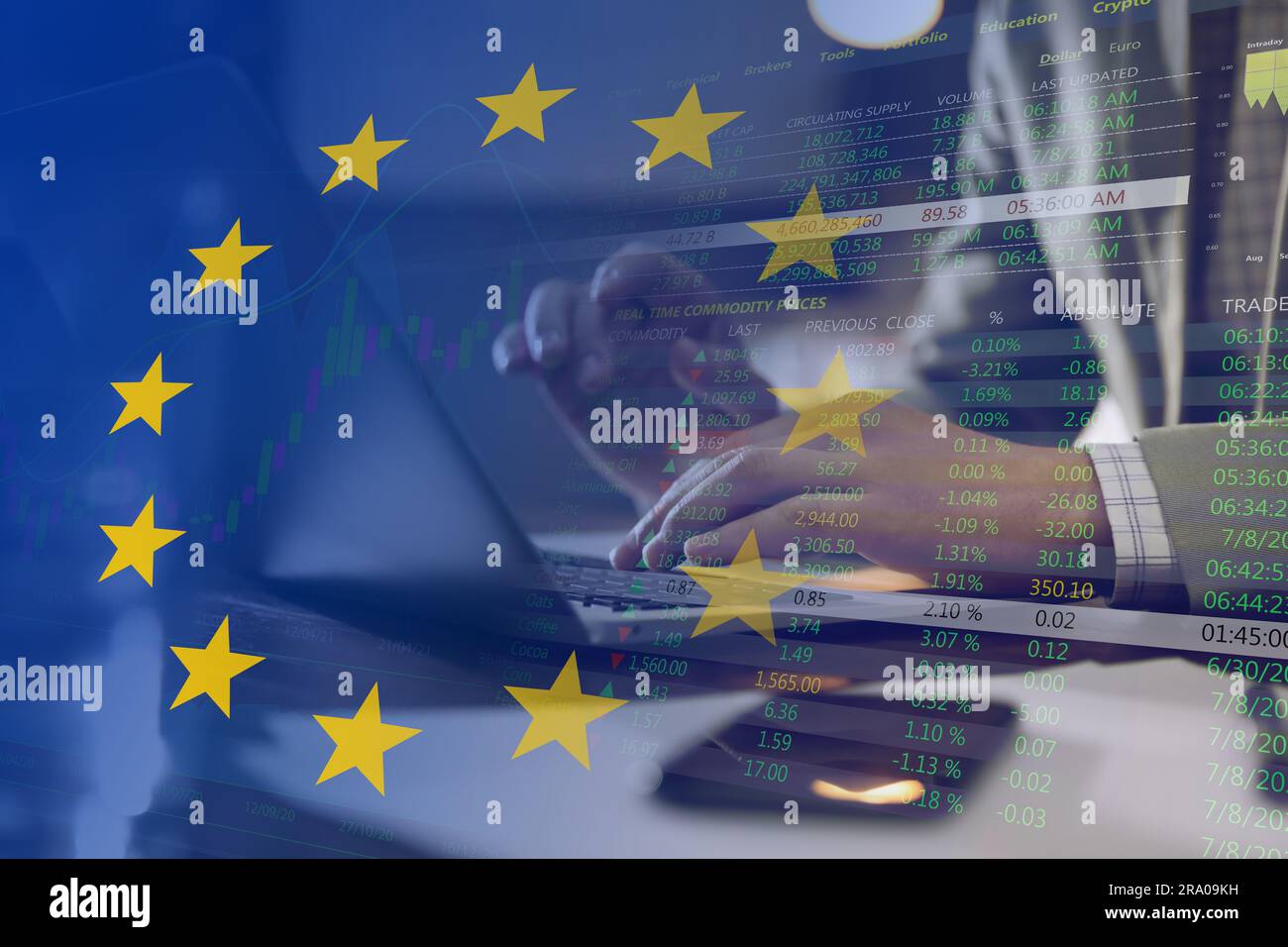 Stock exchange. Multiple exposure with European flag, data, graph and man using laptop Stock ...