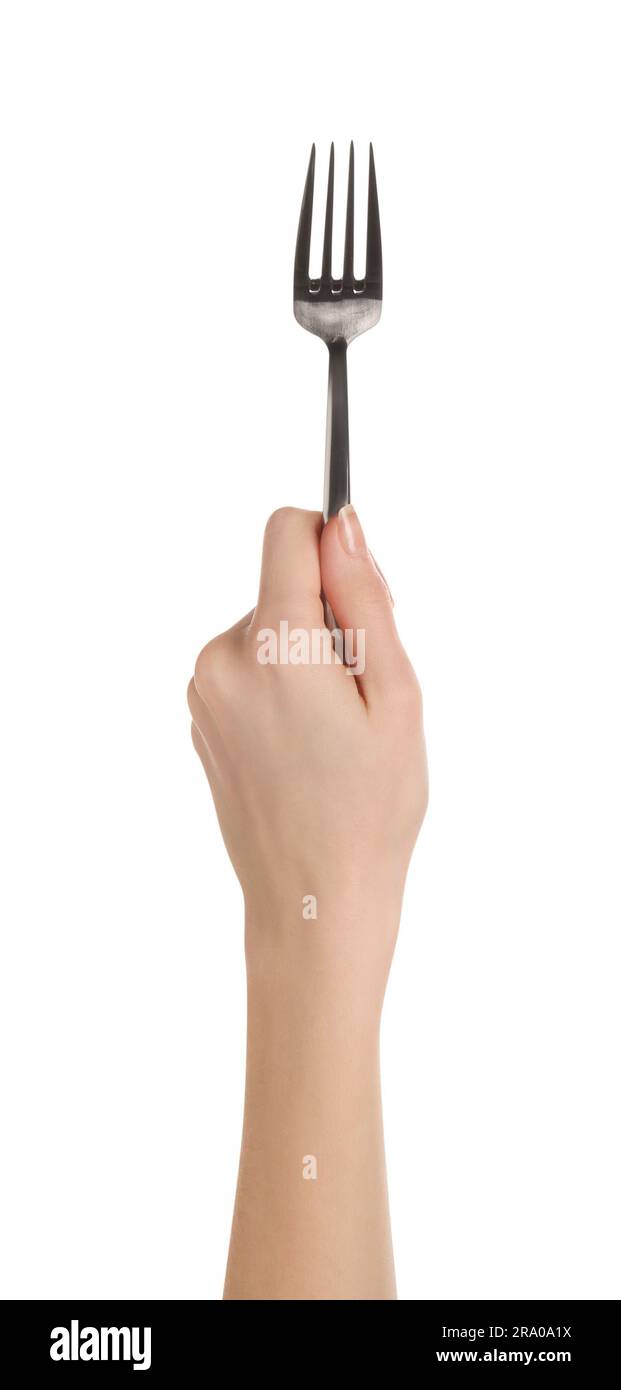 Woman holding clean fork on white background, closeup Stock Photo - Alamy