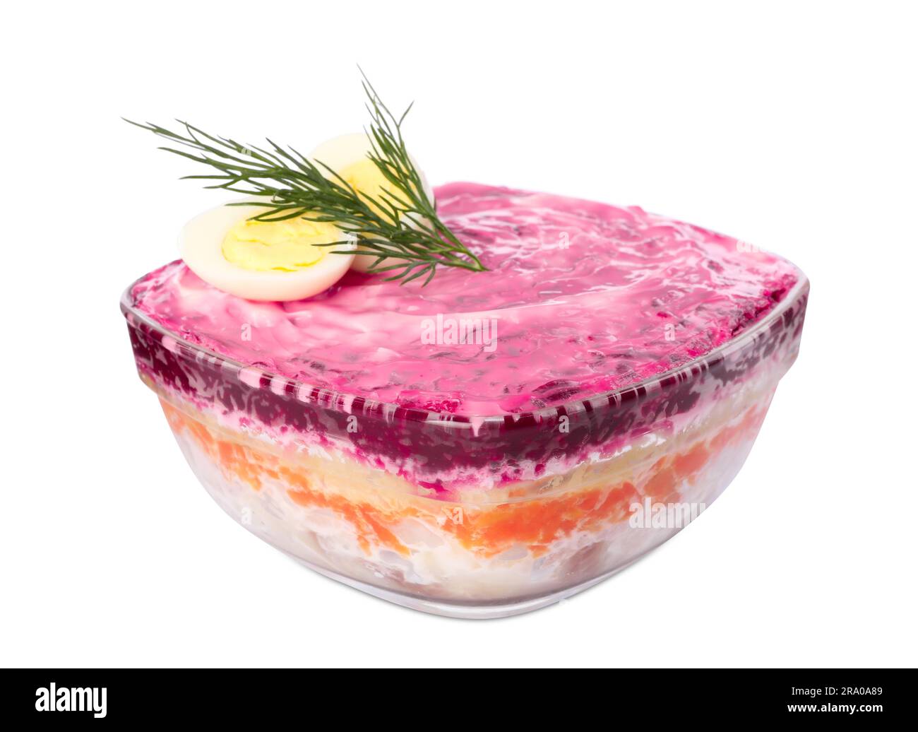Herring under fur coat isolated on white. Traditional Russian salad ...