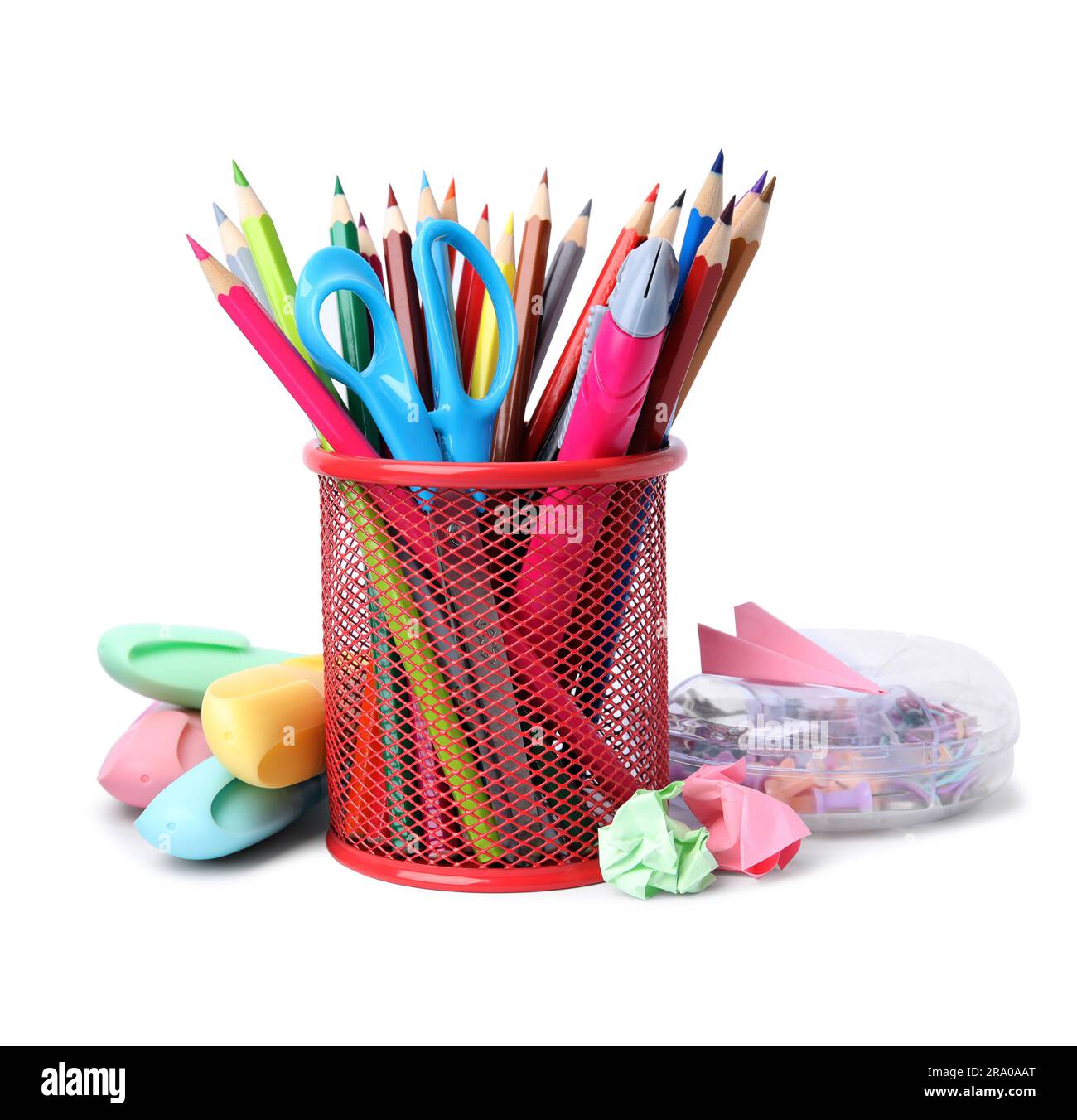Many different school stationery on white background Stock Photo - Alamy