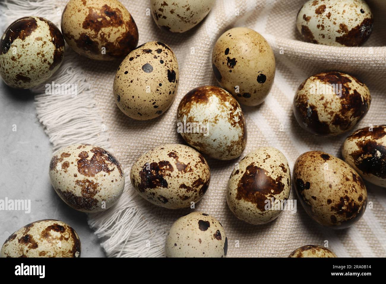 Many speckled quail eggs on light grey table, flat lay Stock Photo - Alamy