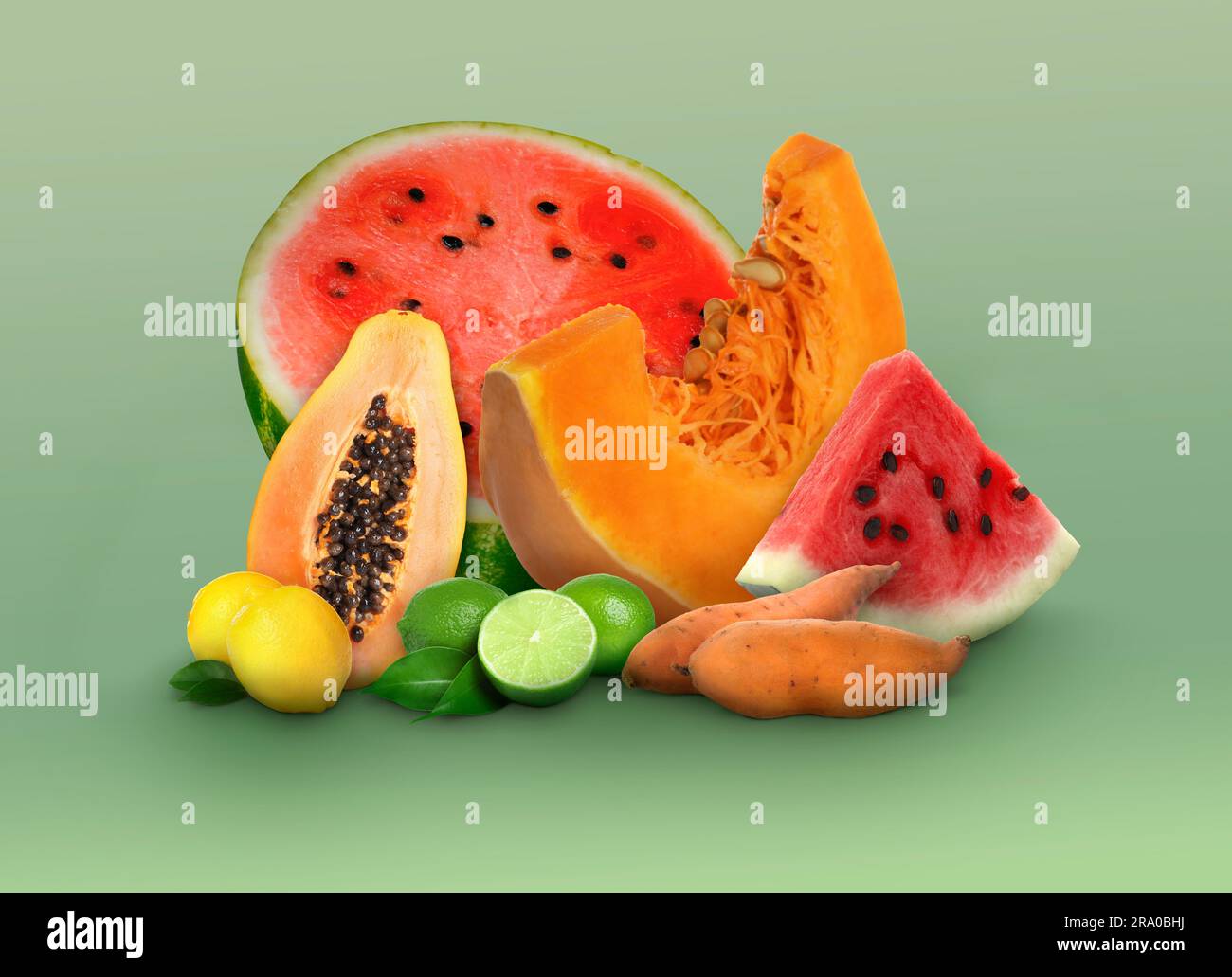 Fresh fruits and vegetables on light green gradient background Stock ...