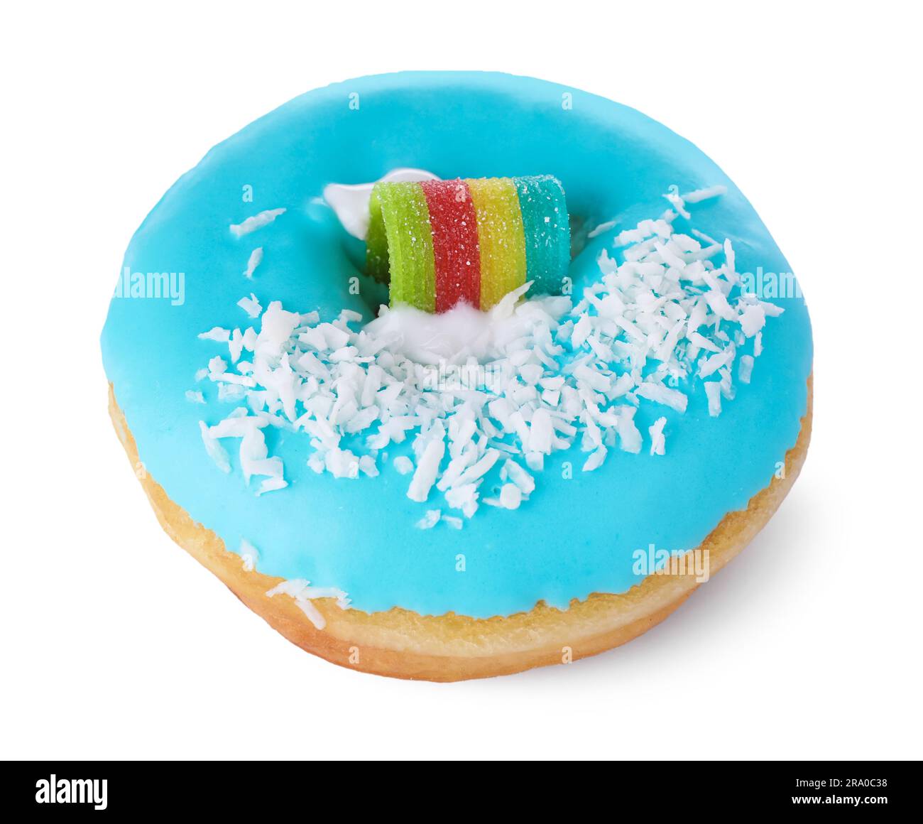 Tasty glazed donut decorated with coconut shavings and rainbow sour ...