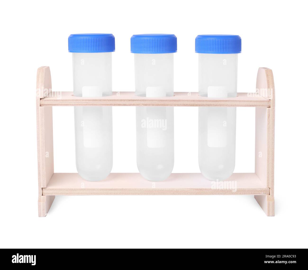 Wooden stand with empty test tubes isolated on white. Kids chemical ...