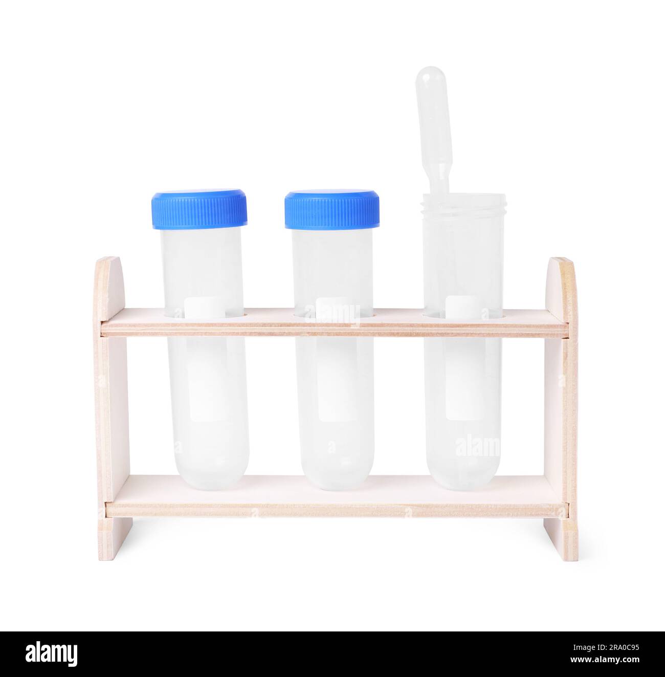Wooden stand with empty test tubes isolated on white. Kids chemical ...