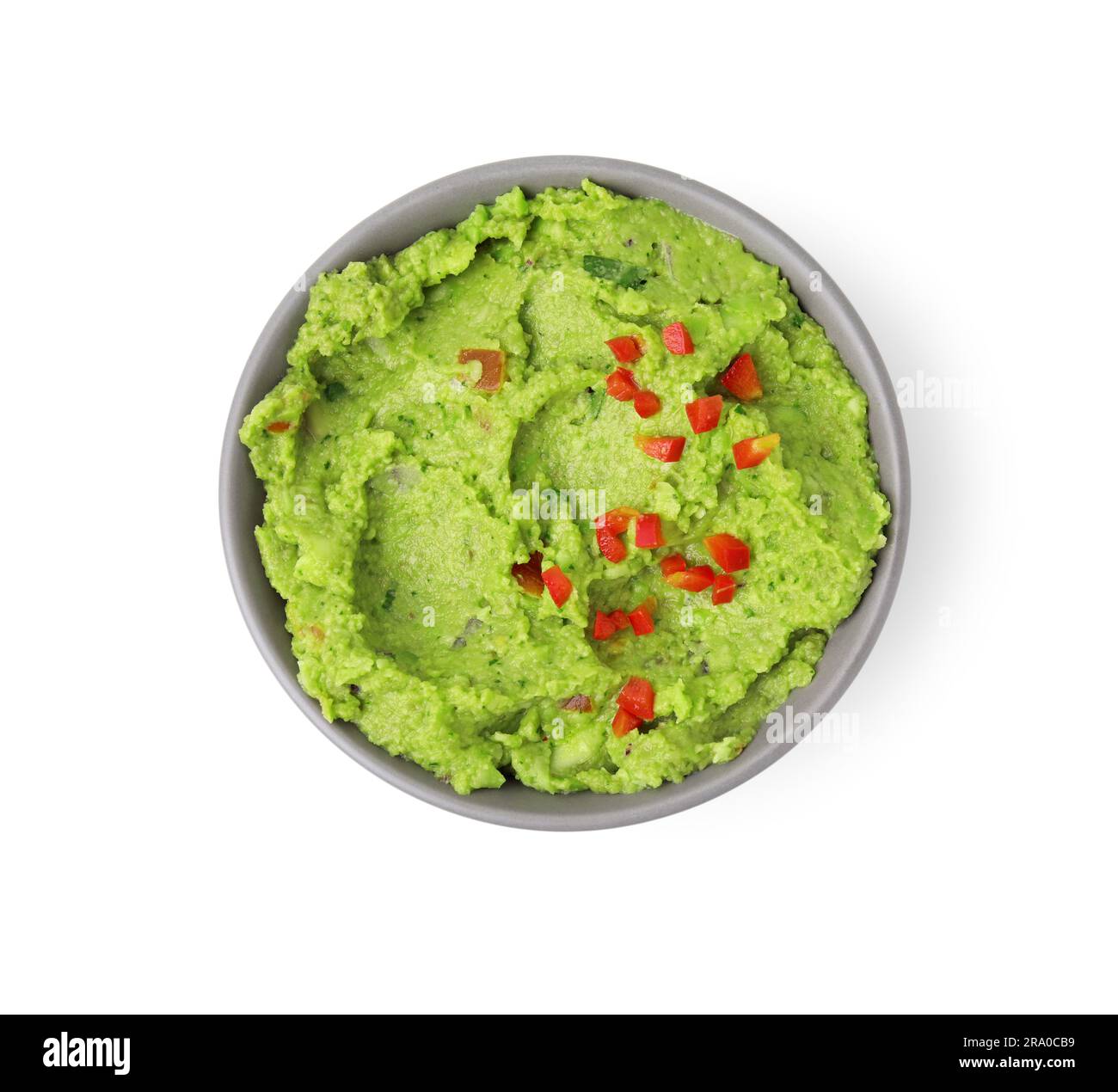 Bowl of delicious guacamole isolated on white, top view Stock Photo - Alamy