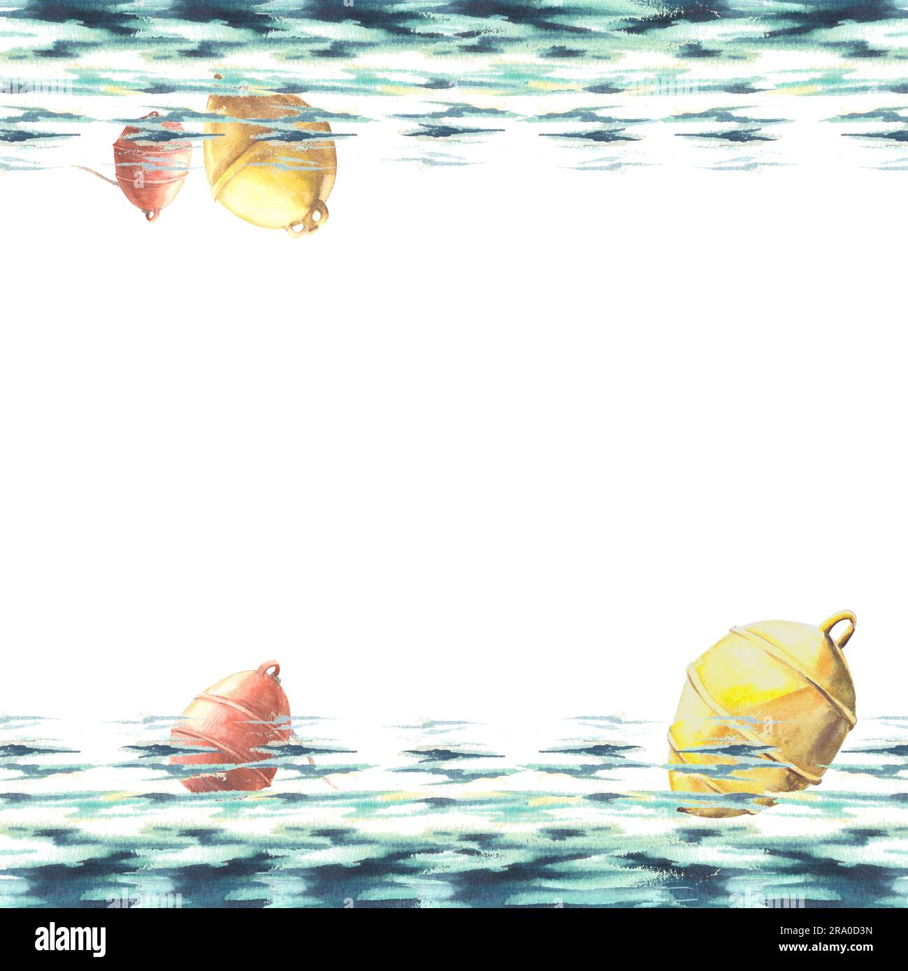 Watercolor frame red and yellow buoys at sea Hand painted illustration on white background Stock ...