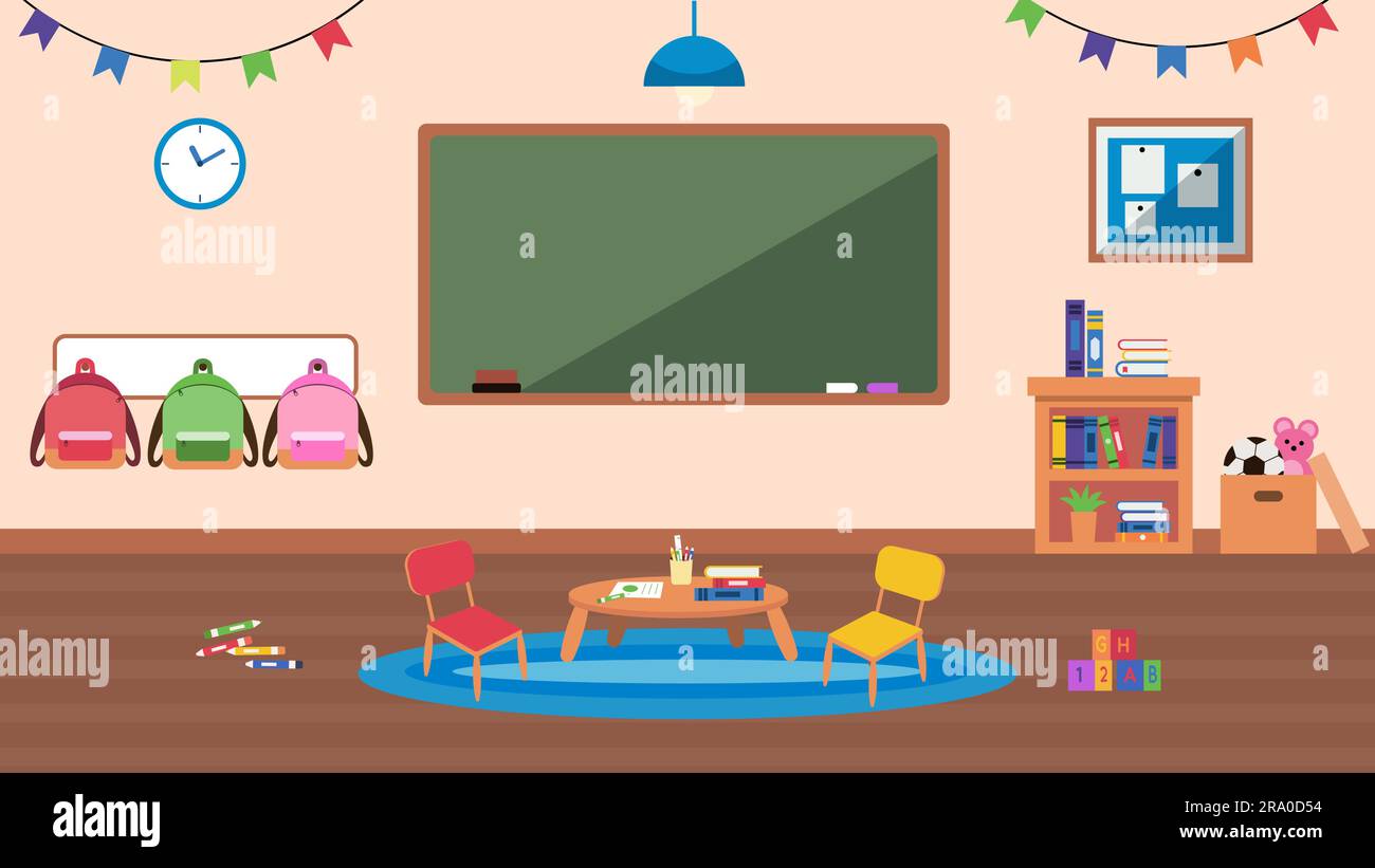 kindergarten classroom scene vector illustration.Welcome back to school ...