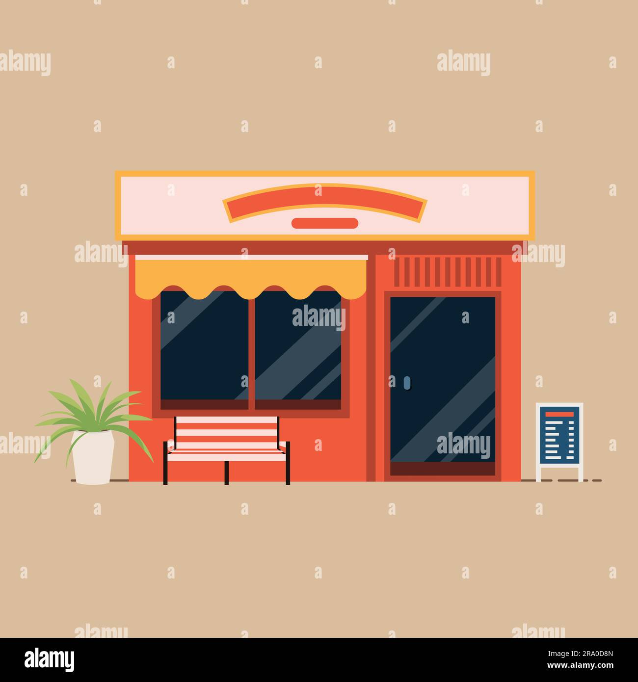 Storefront cafe flat vector. building faces a street with a bench ...