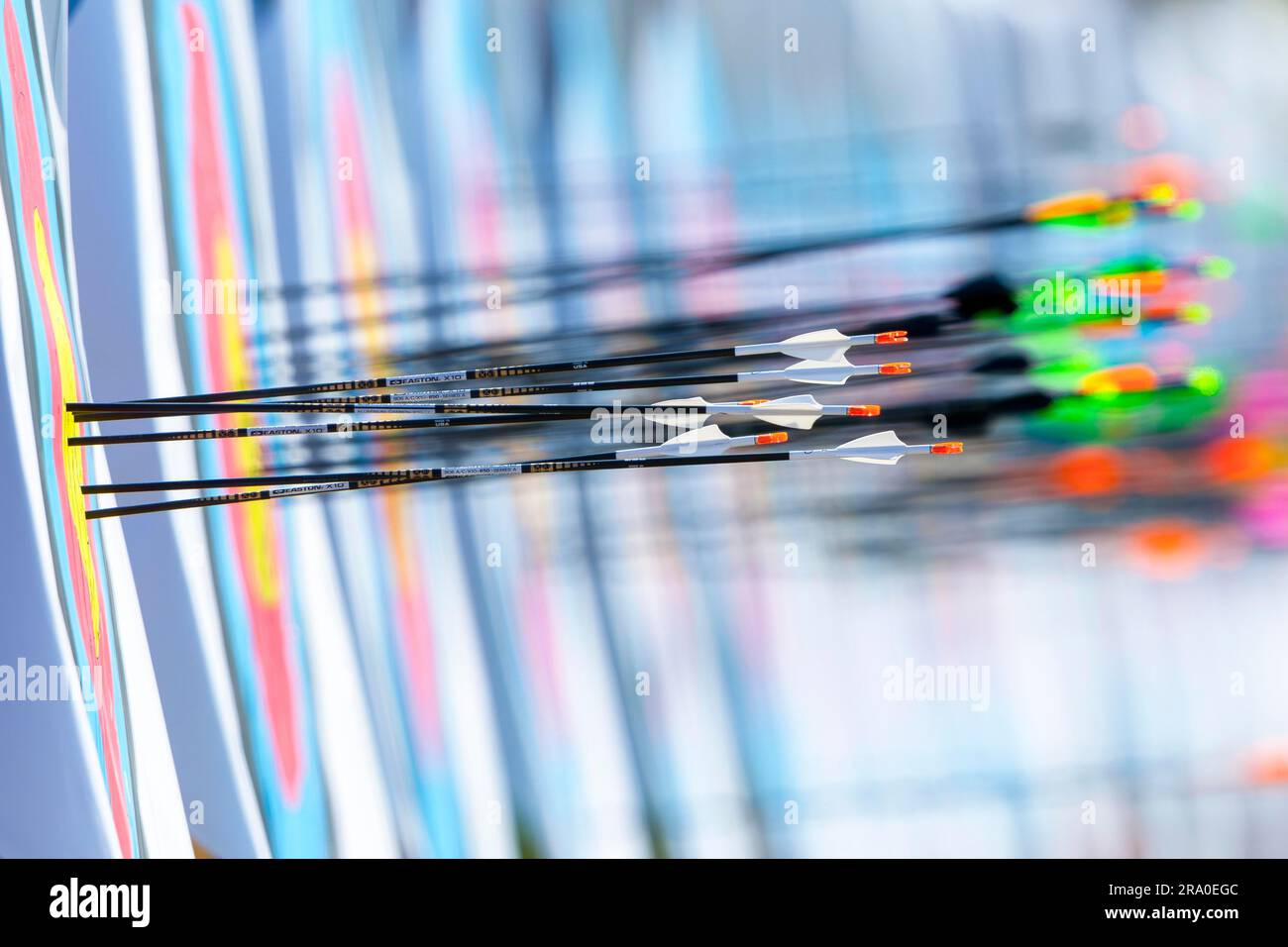 Lots of colourful arrows stuck in targets in archery Stock Photo - Alamy