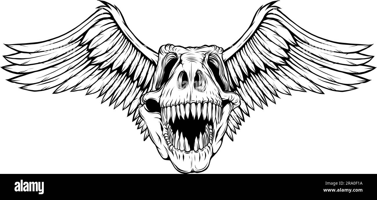 Dinosaur head skeleton hand drawn line art illustration on white ...