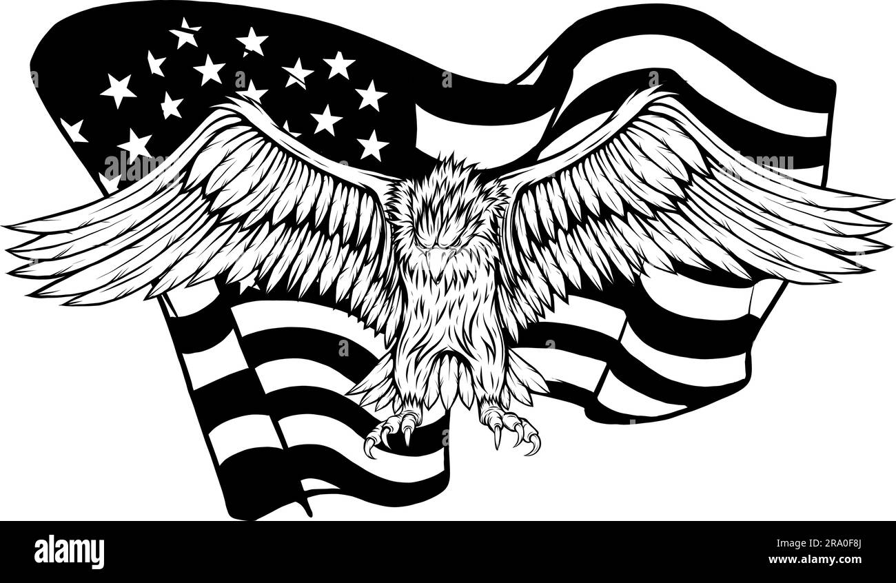 Vector Cartoon Bald Eagle With Spreaded Wings Line Art Stock Vector ...